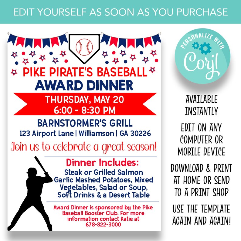 EDITABLE Baseball Awards Dinner Flyer Award Dinner - Etsy