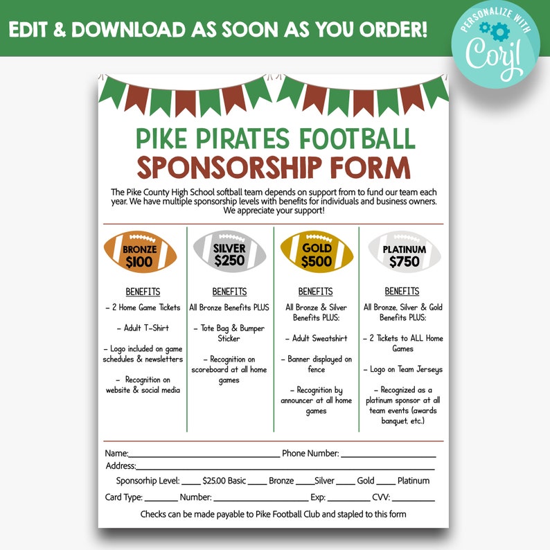 EDITABLE Football Sponsorship Form Football Membership Form - Etsy