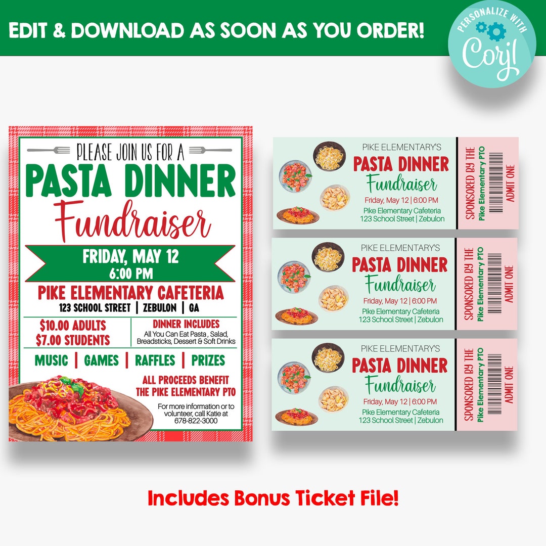 EDITABLE Pasta Dinner Fundraiser Flyer With Bonus Tickets | Printable ...