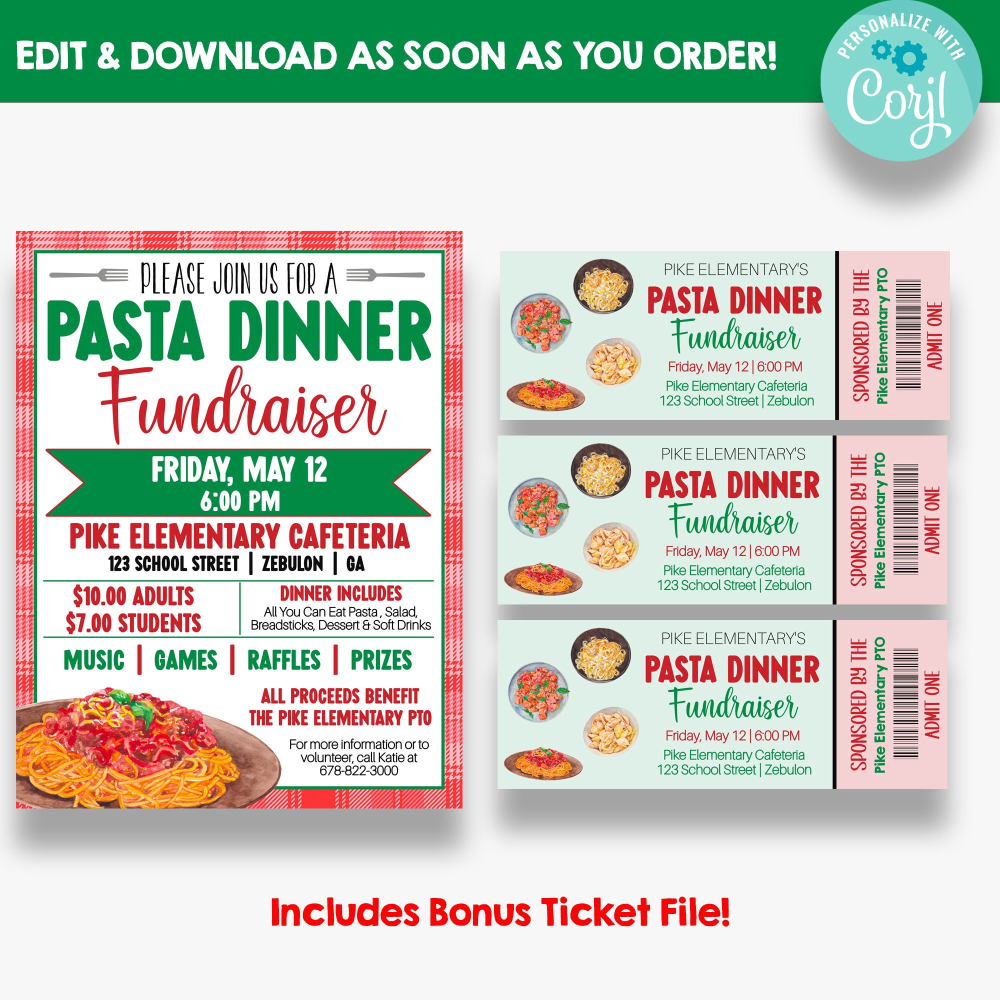 EDITABLE Pasta Dinner Fundraiser Flyer With Bonus Tickets | Printable ...