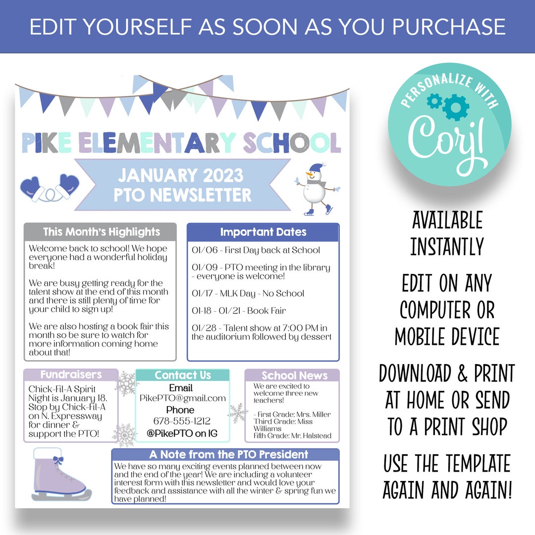 EDITABLE PTO School Newsletter | January PTA Newsletter Template ...