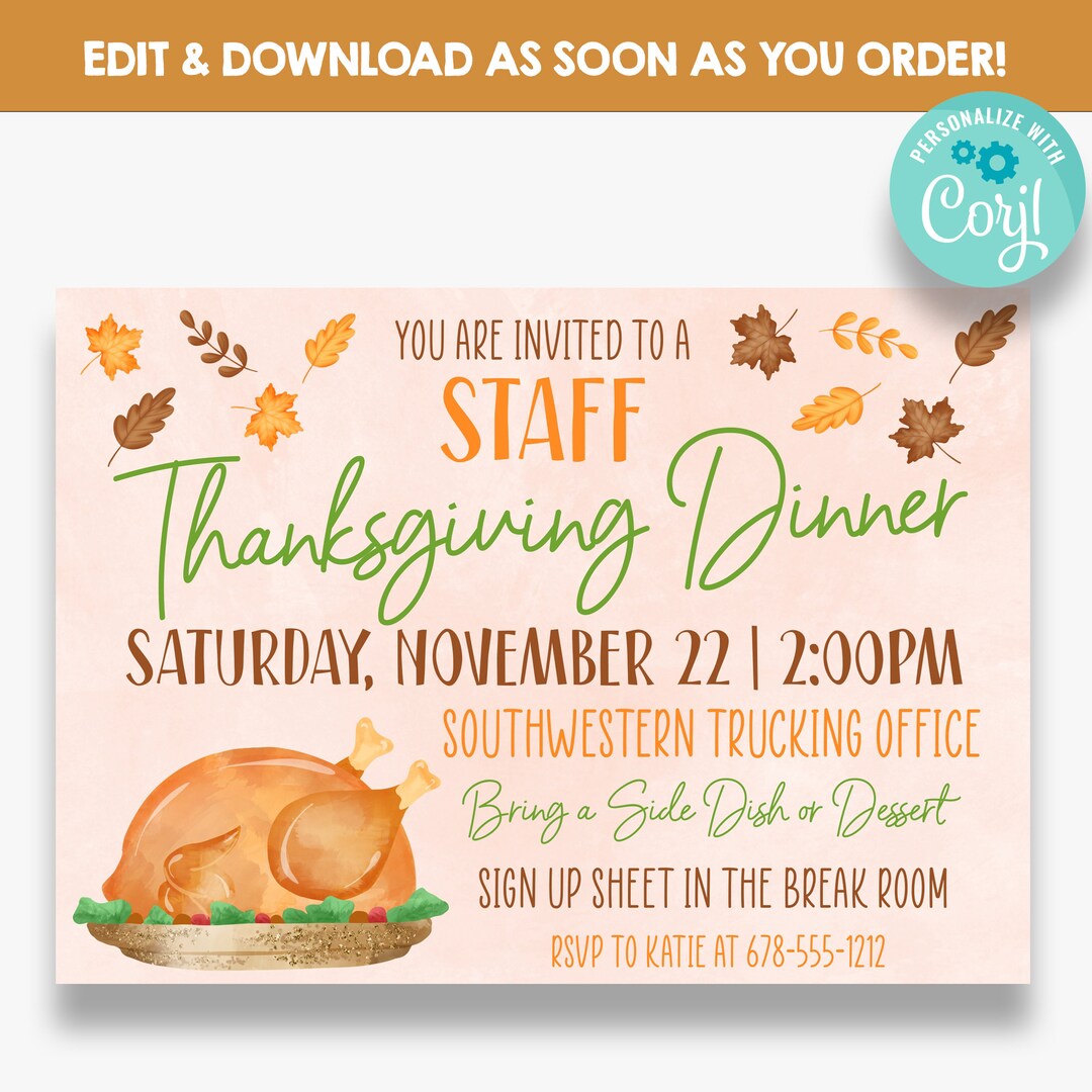 EDITABLE Staff Thanksgiving Dinner Invitation | Company Thanksgiving ...