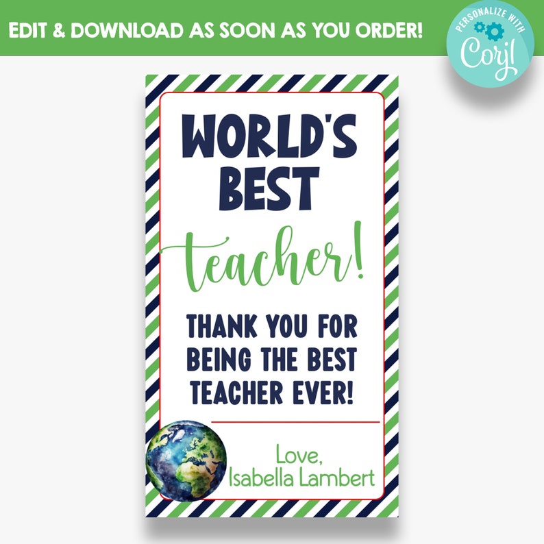 EDITABLE World's Best Teacher Rectangle Gift Tag Teacher - Etsy