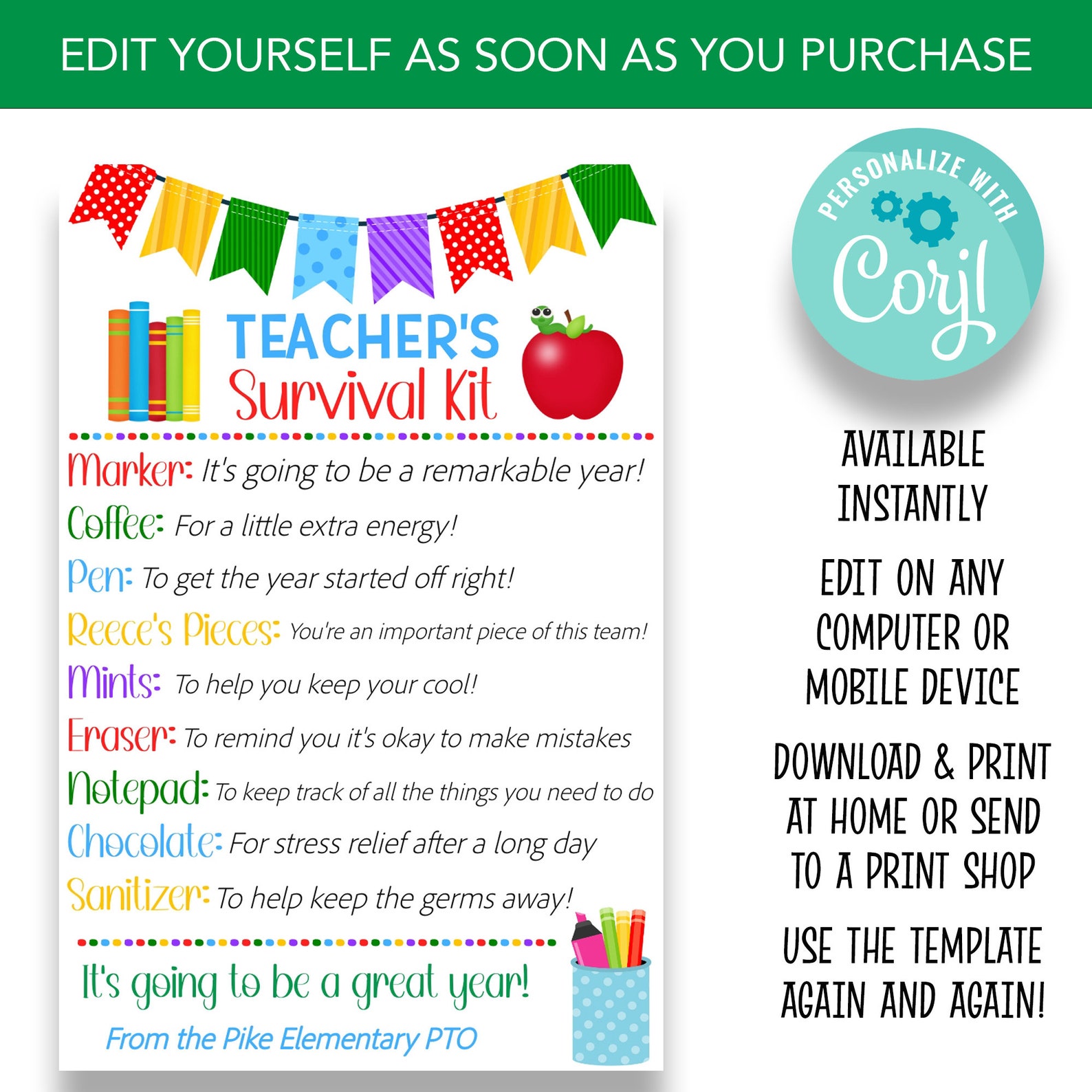 EDITABLE Teacher's Survival Kit Tag Back to School - Etsy