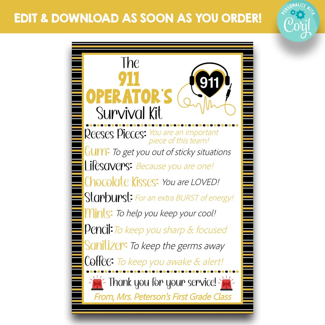 EDITABLE Black & Gold 911 Dispatcher's Survival Kit Tag | 911 Operator ...