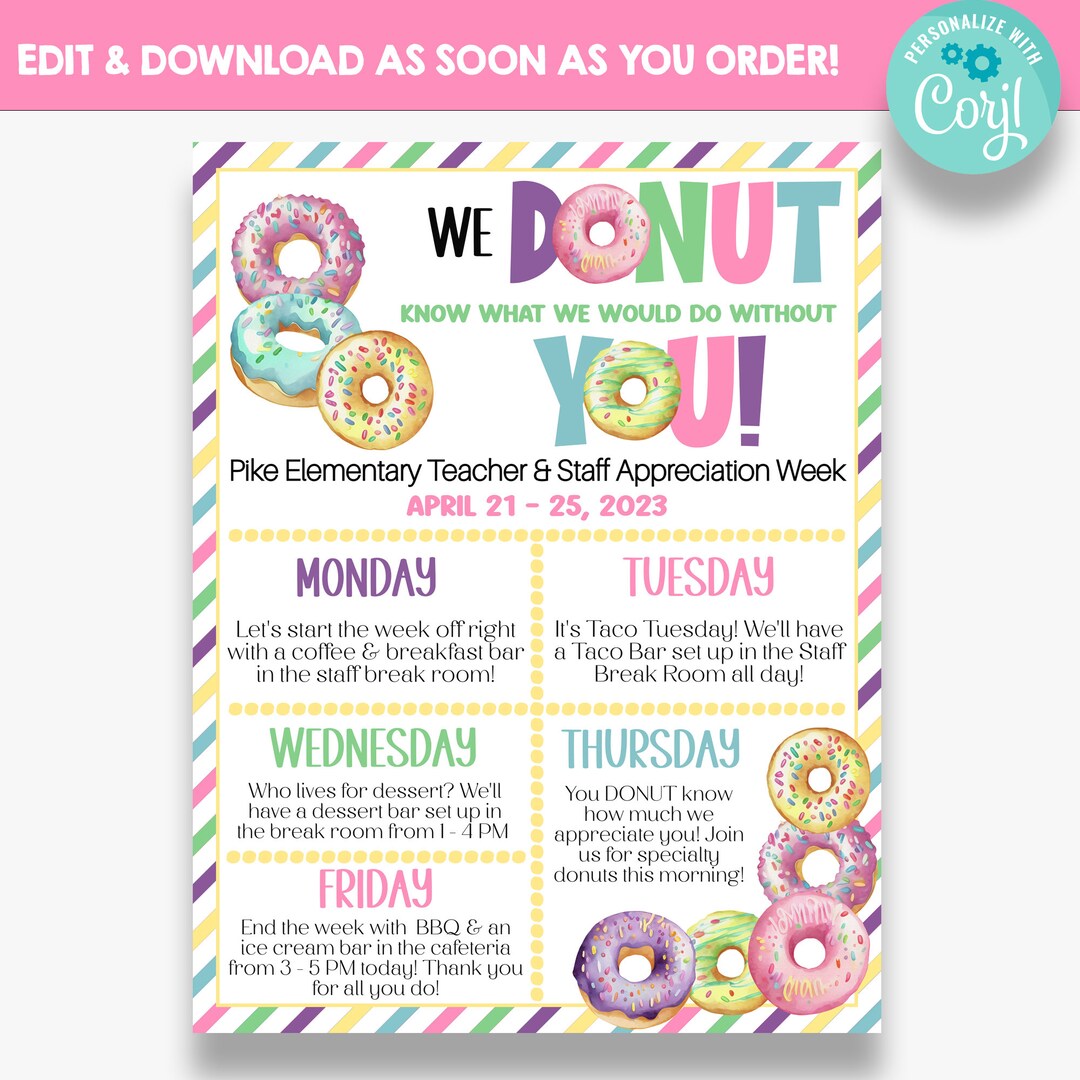 EDITABLE You Donut Know How Much We Appreciate You Teacher Appreciation ...