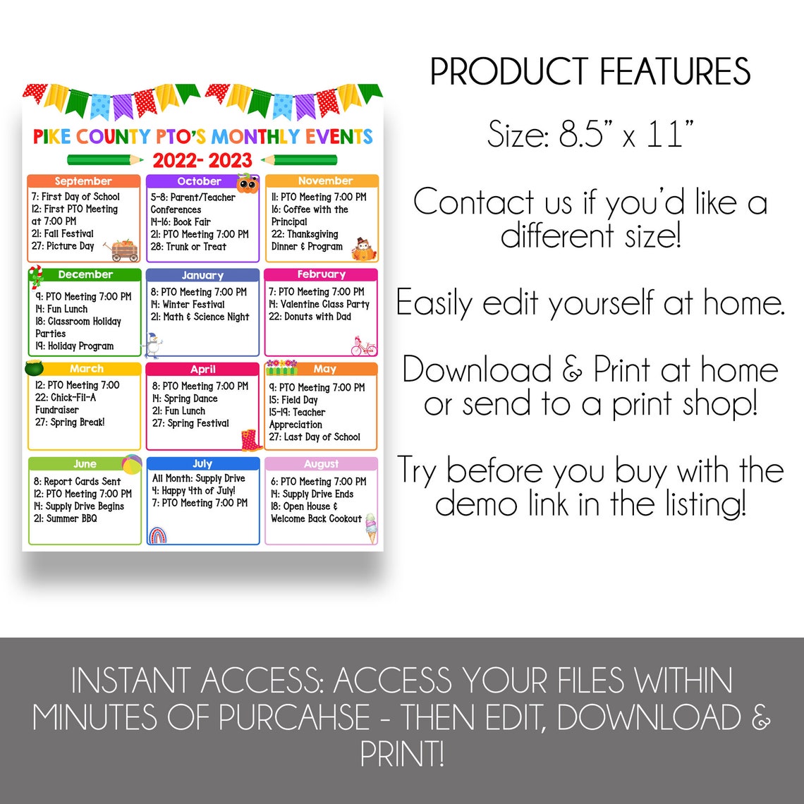 EDITABLE PTO Yearly Calendar of Events | PTO Calendar of School Events ...