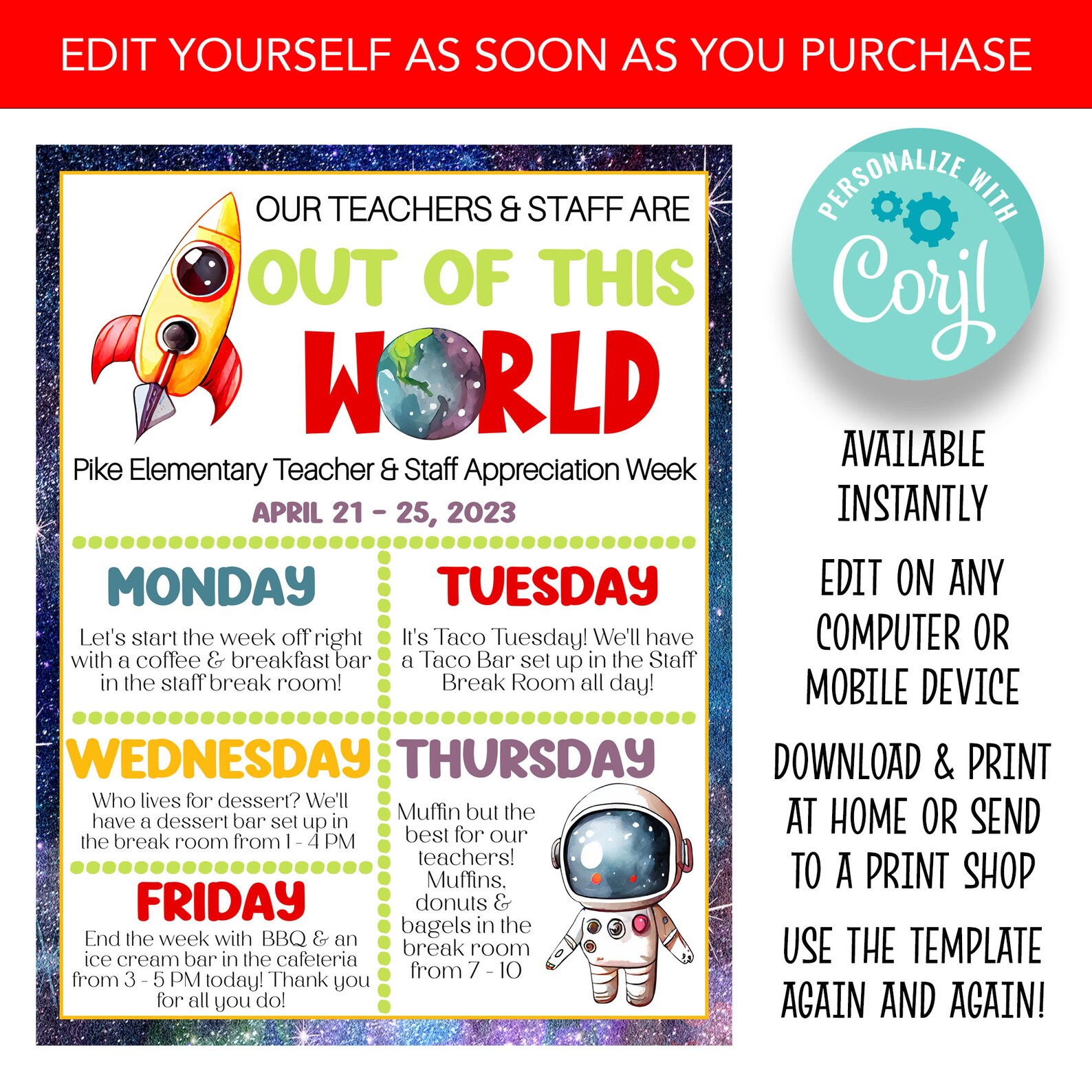 EDITABLE Space Themed Teacher Appreciation Week Itinerary | Our Teacher ...