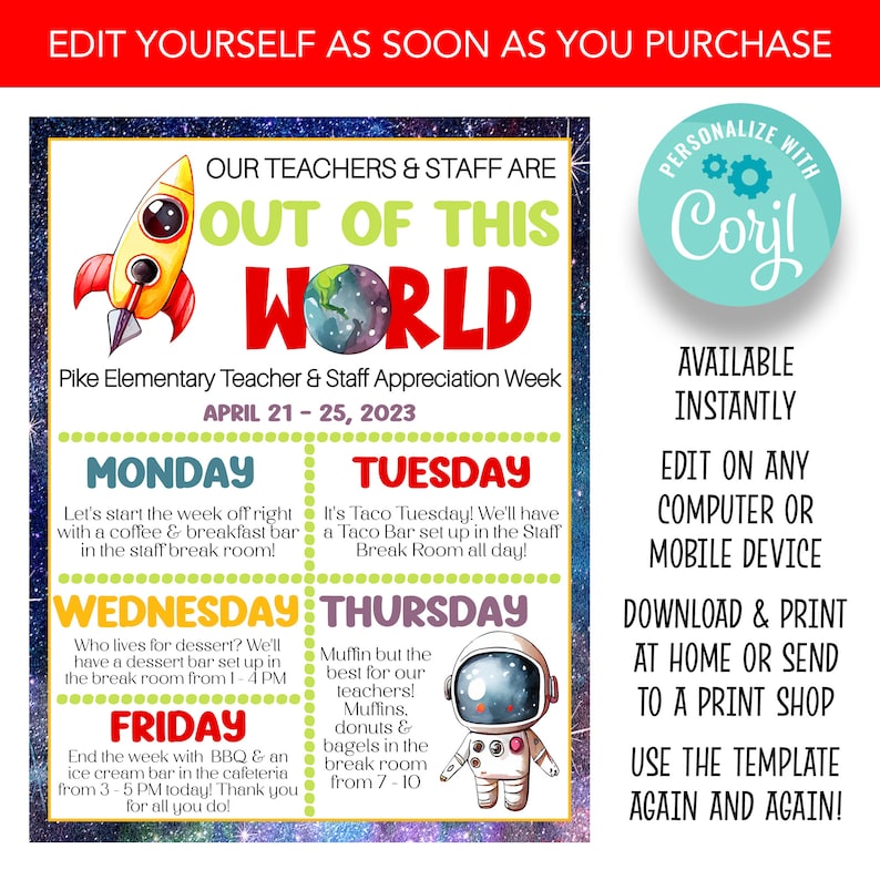 EDITABLE Space Themed Teacher Appreciation Week Itinerary | Our Teacher ...