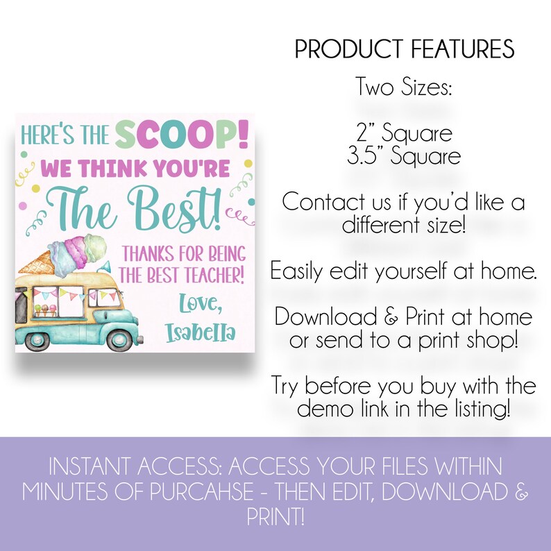 EDITABLE Here's the Scoop Ice Cream Gift Tags Teacher - Etsy