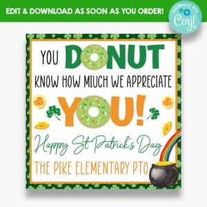 EDITABLE You Donut Know How Much We Appreciate You St. Patrick's Day ...