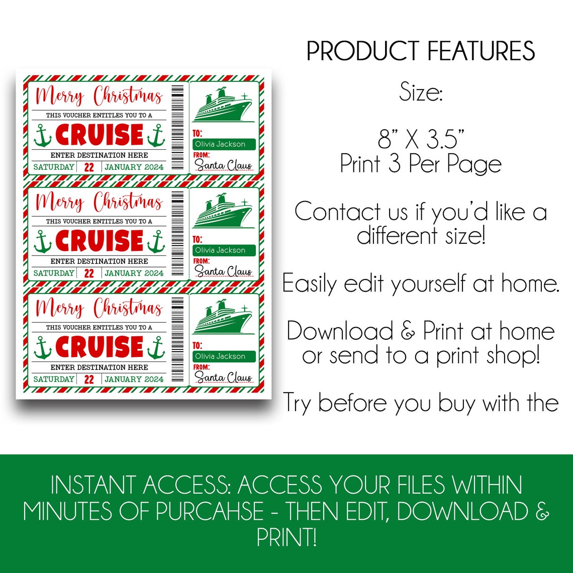 EDITABLE Christmas Cruise Trip Ticket | Cruise Gift Certificate ...