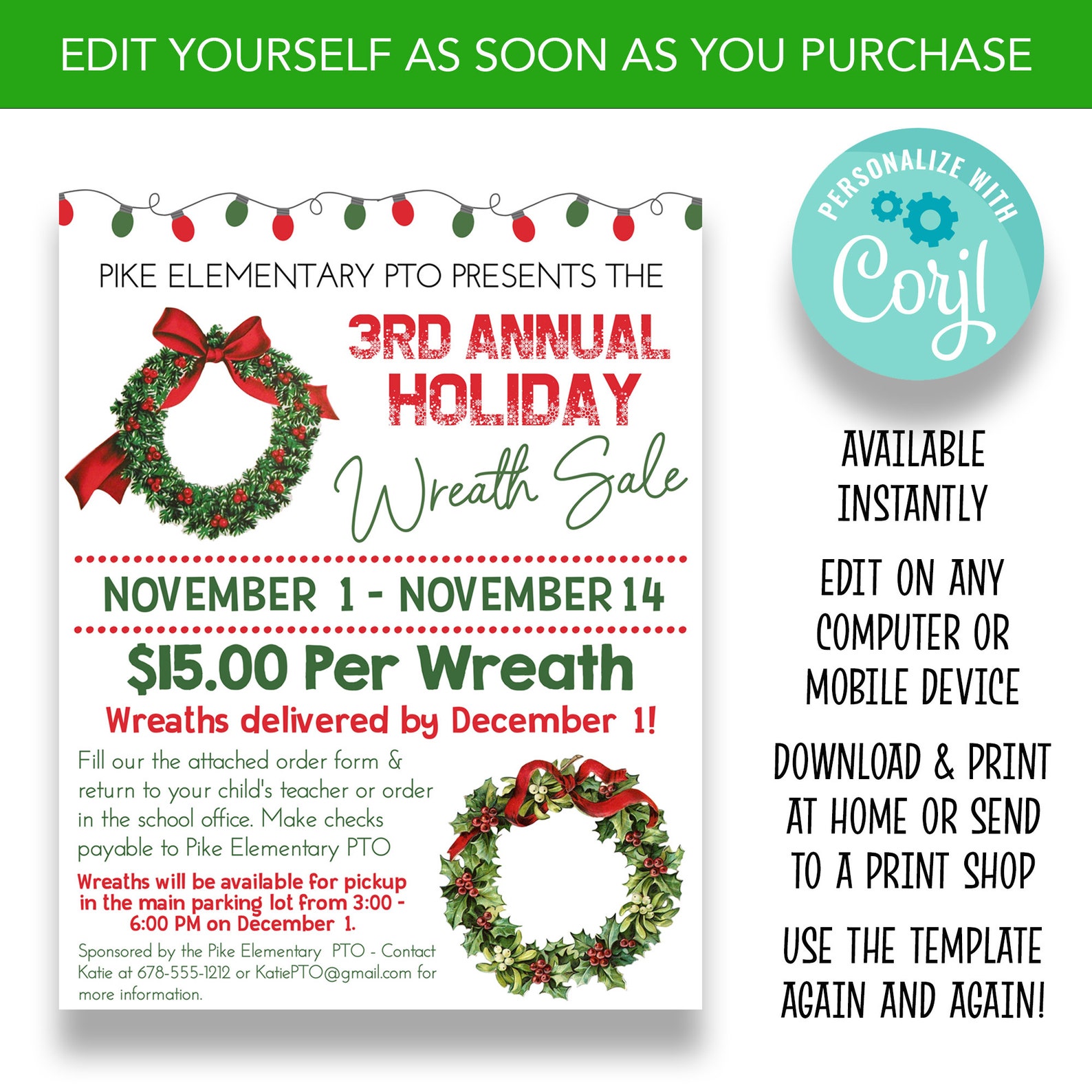 EDITABLE Holiday Wreath Fundraiser Flyer Wreath Sale Flyer - Etsy