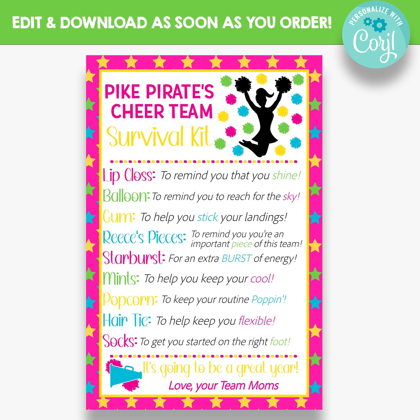 EDITABLE Cheer Squad Survival Kit Cards | Cheerleader Gift Tags | Cheer ...