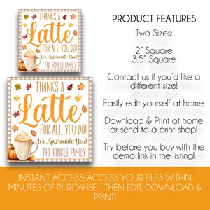 EDITABLE Thanks a Latte for All You Do Gift Tags | Thanksgiving Latte ...