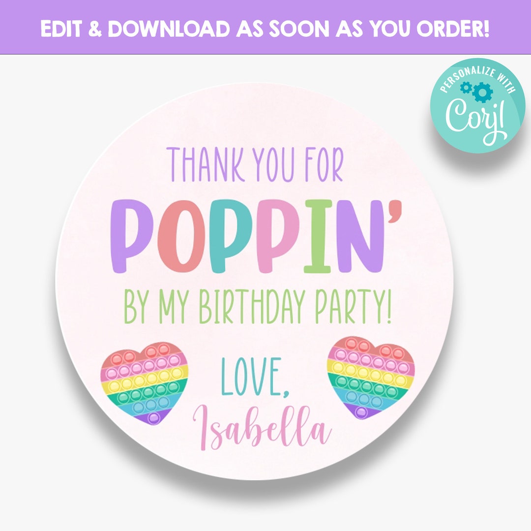 EDITABLE Pastel Pop It Party Favor Tags | Heart Pop Fidget Thank You ...