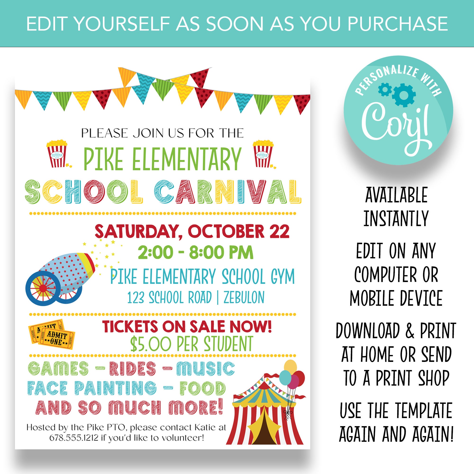 EDITABLE School Carnival Flyer PTO Fundraiser Flyer - Etsy