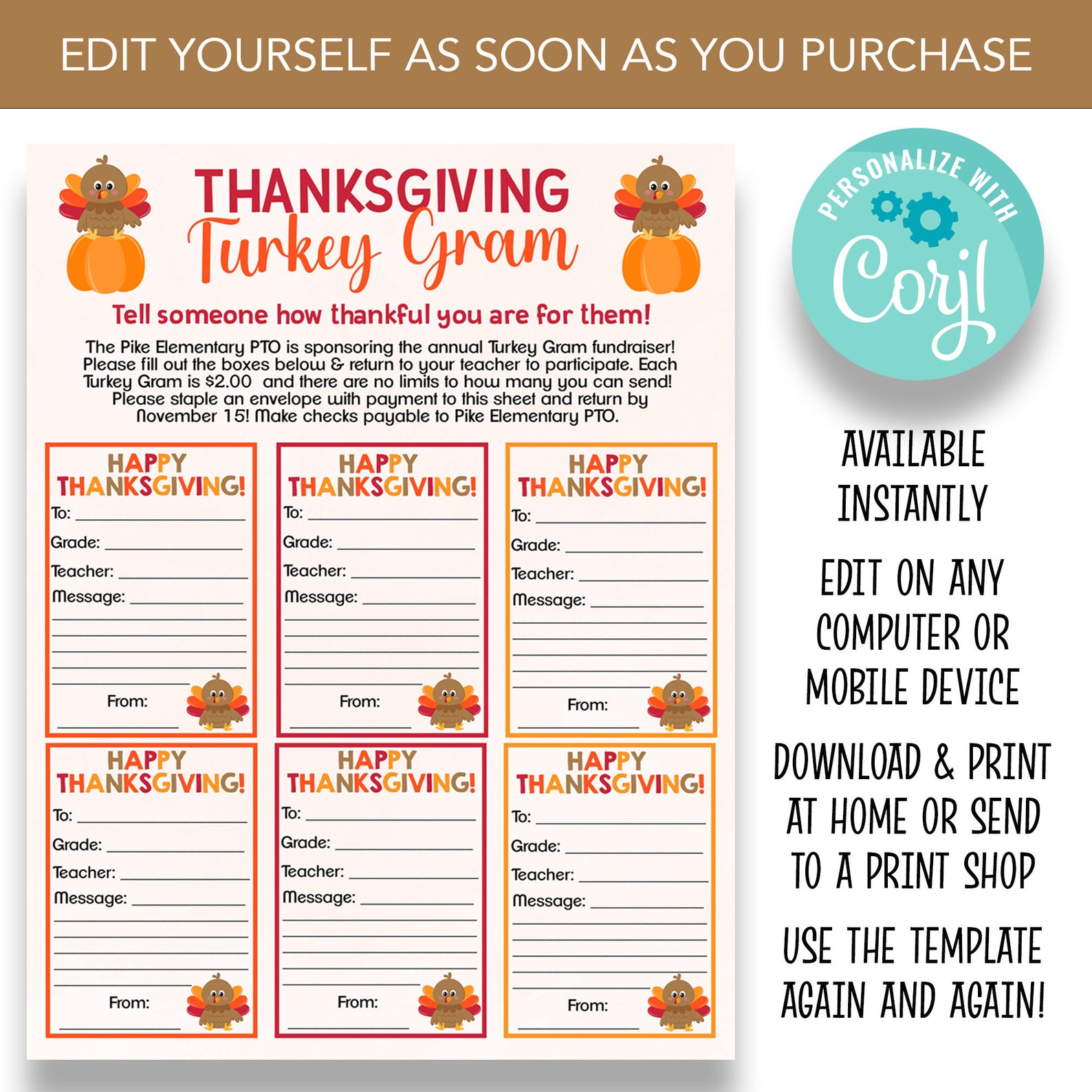 EDITABLE Thanksgiving Turkey Gram Flyer Thanksgiving Candy - Etsy