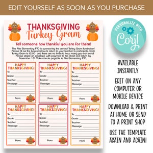 EDITABLE Thanksgiving Turkey Gram Flyer | Thanksgiving Candy Gram ...