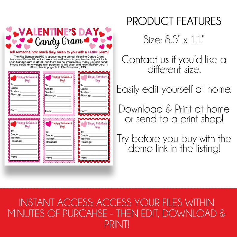 EDITABLE Valentine's Day Candy Gram Flyer Valentine - Etsy