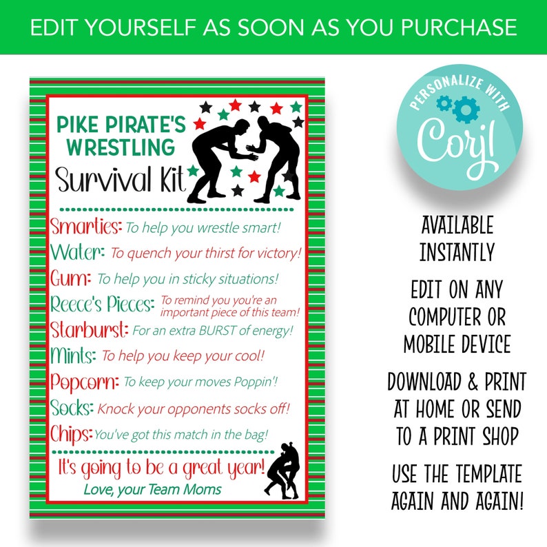 EDITABLE Wrestling Survival Kit Gift Tag | Wrestler's Survival Kit ...