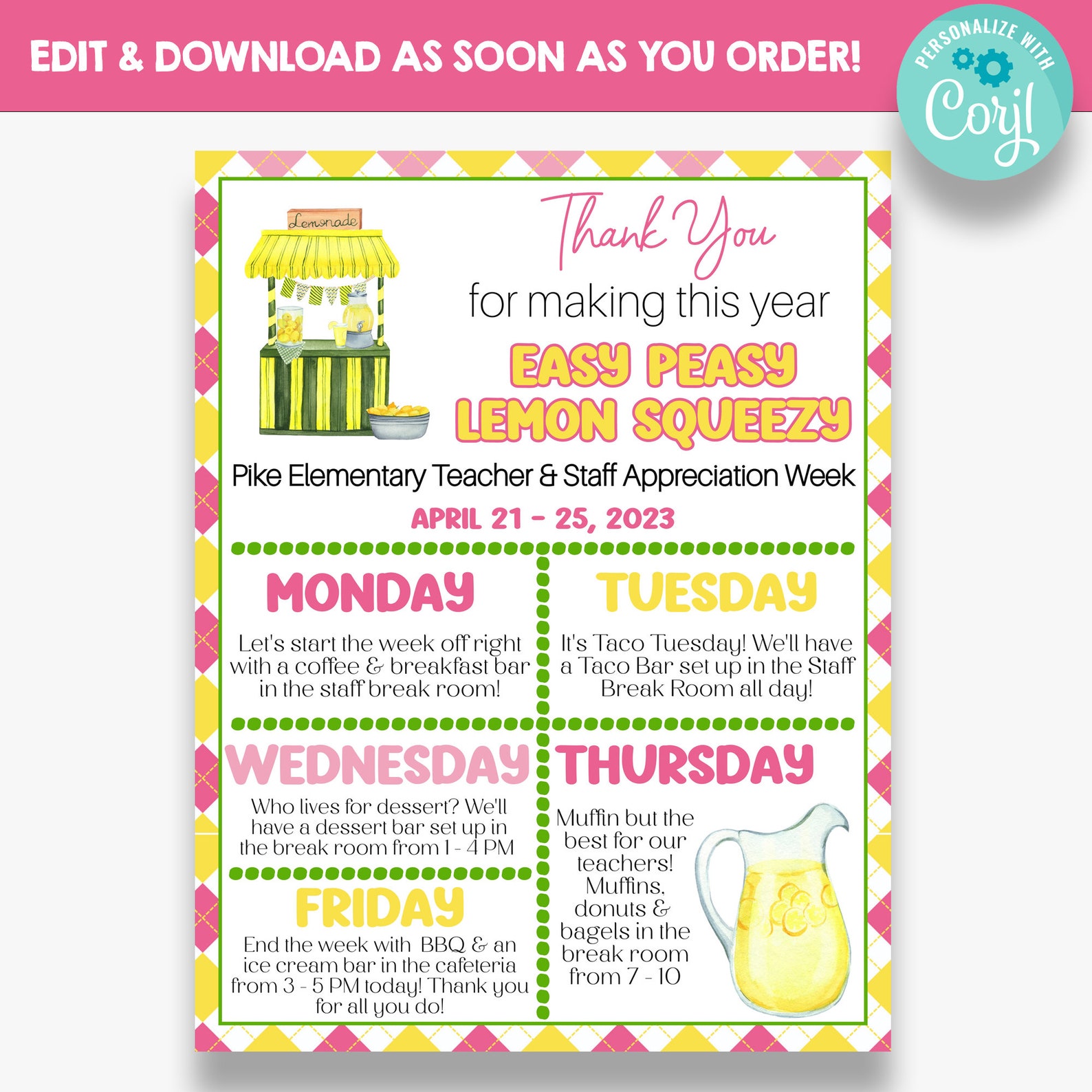 EDITABLE Lemonade Themed Teacher Appreciation Week Itinerary - Etsy