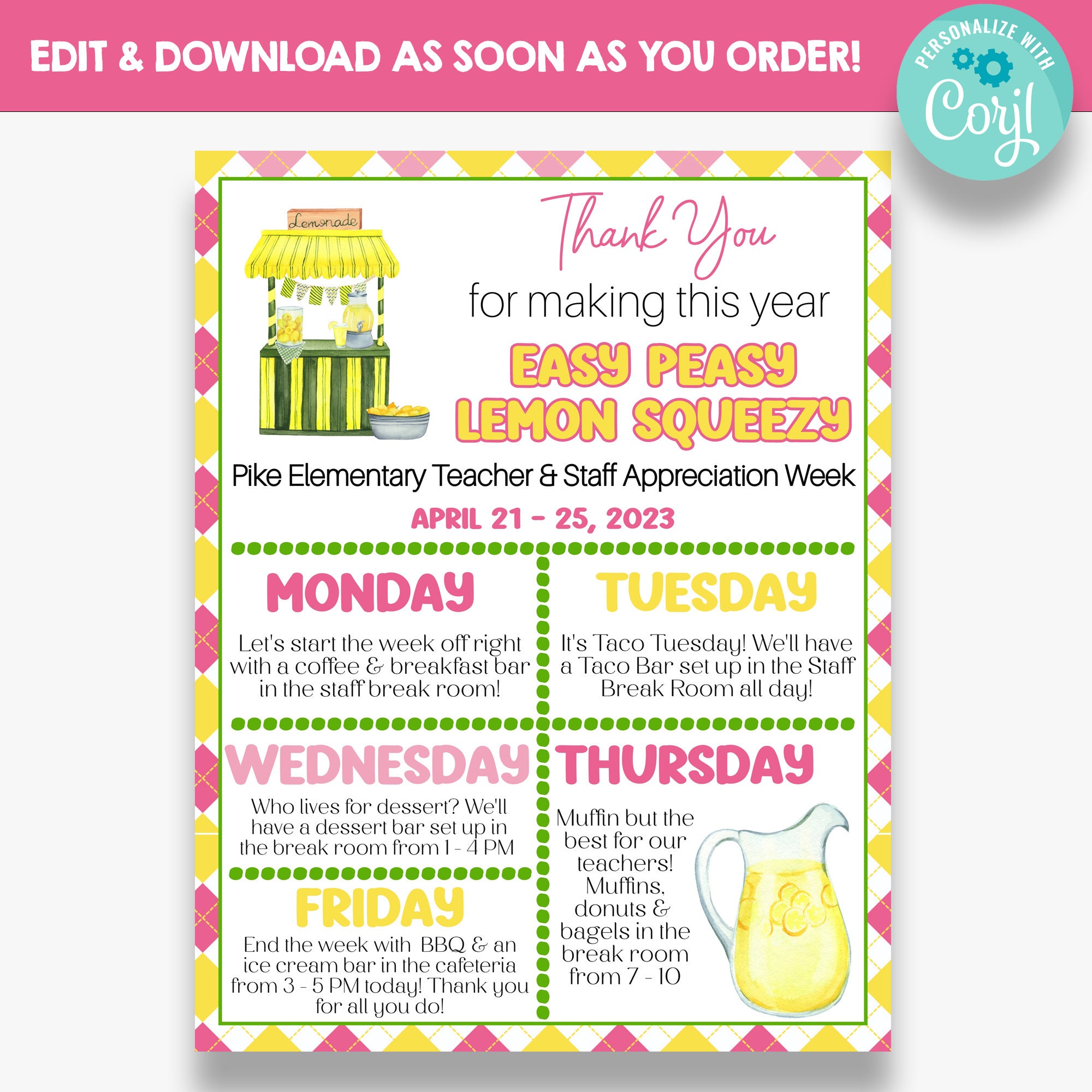 EDITABLE Lemonade Themed Teacher Appreciation Week Itinerary - Etsy