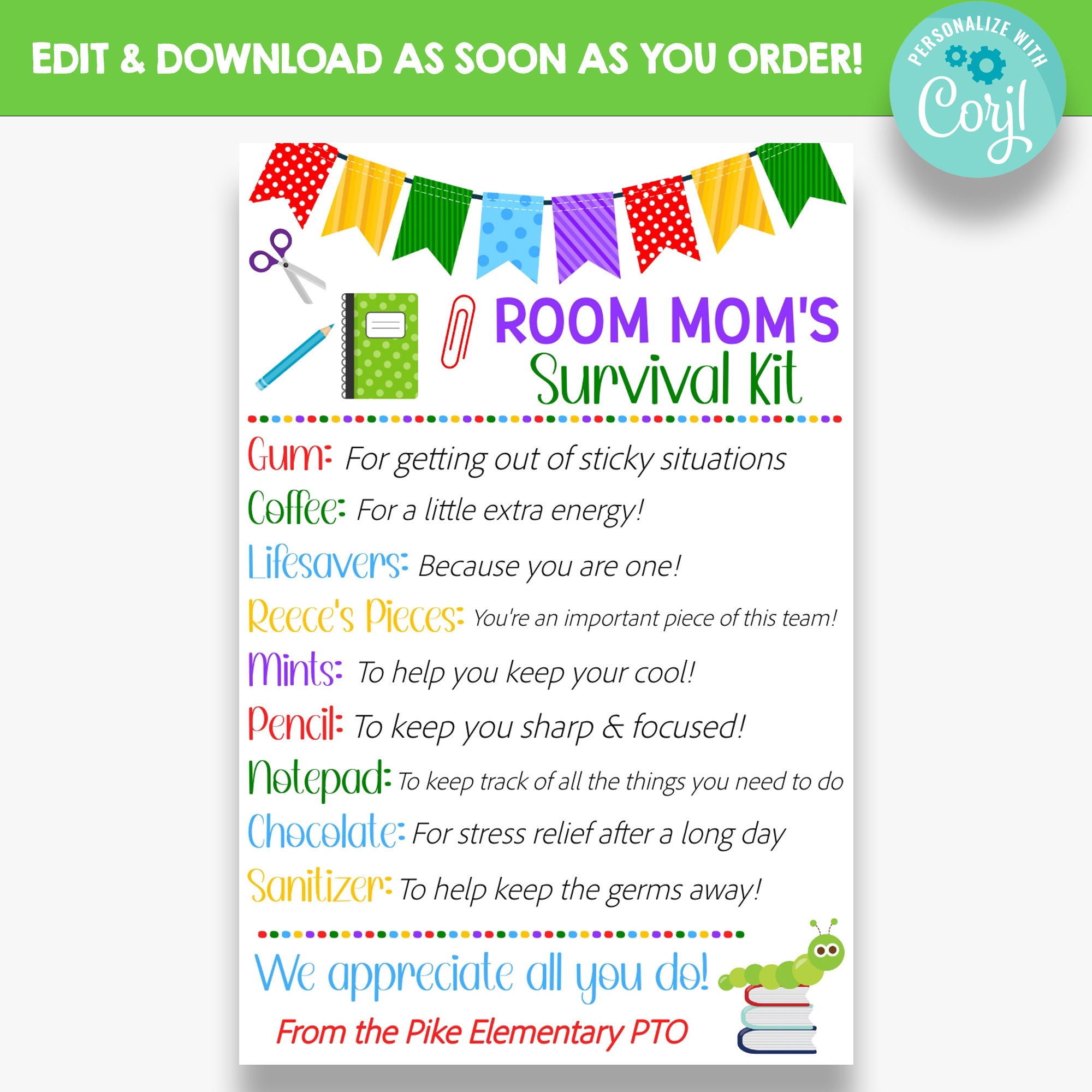 EDITABLE Room Mom's Survival Kit Tag Back to School Room - Etsy