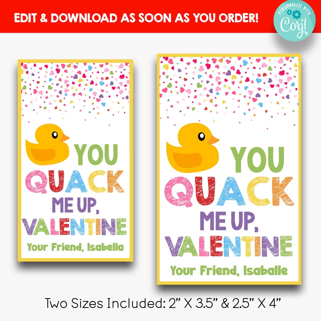 EDITABLE You Quack Me up Valentine's Day Treat Tags | Rubber Ducky ...