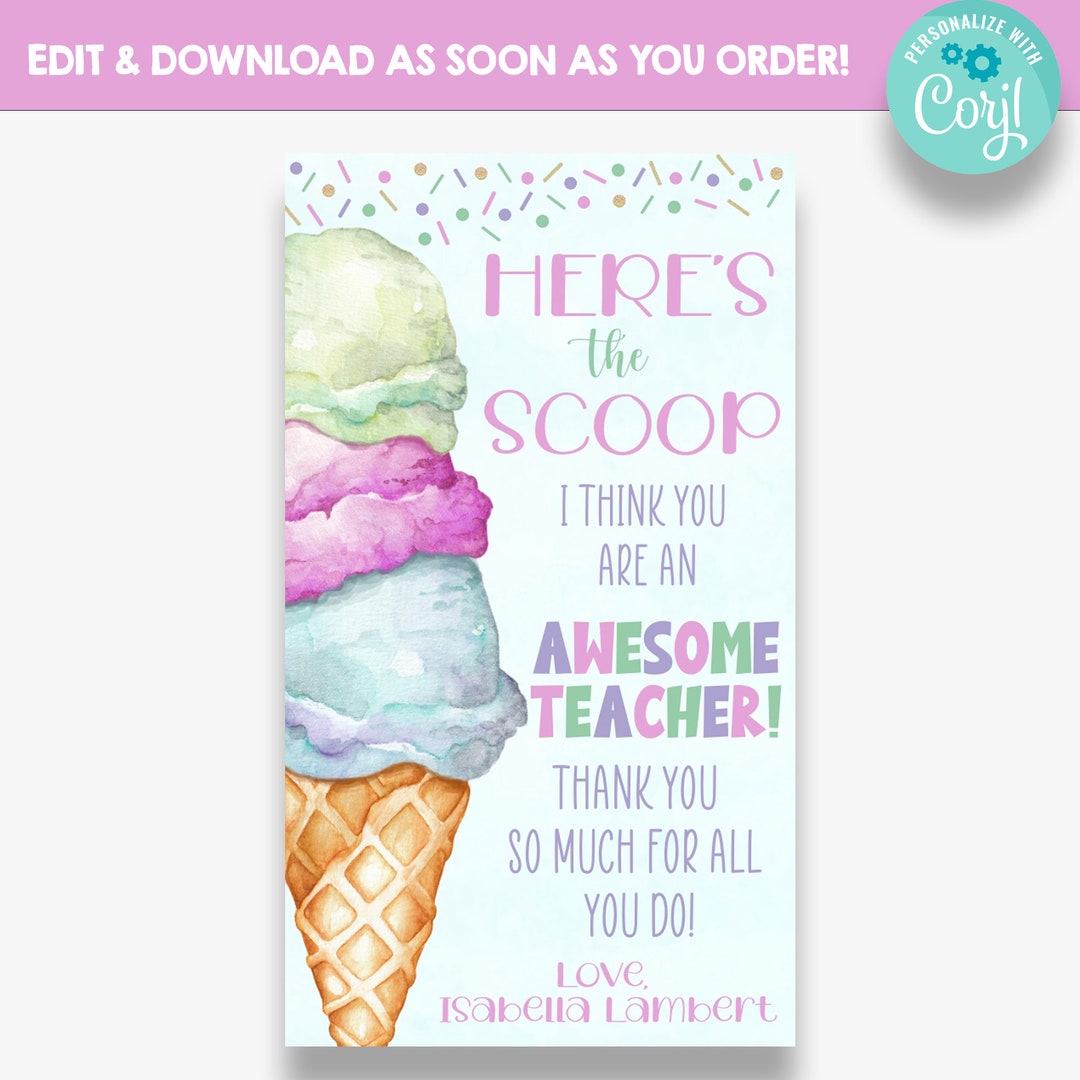 EDITABLE Here's the Scoop, We Think You're an Awesome Teacher Gift Tag ...