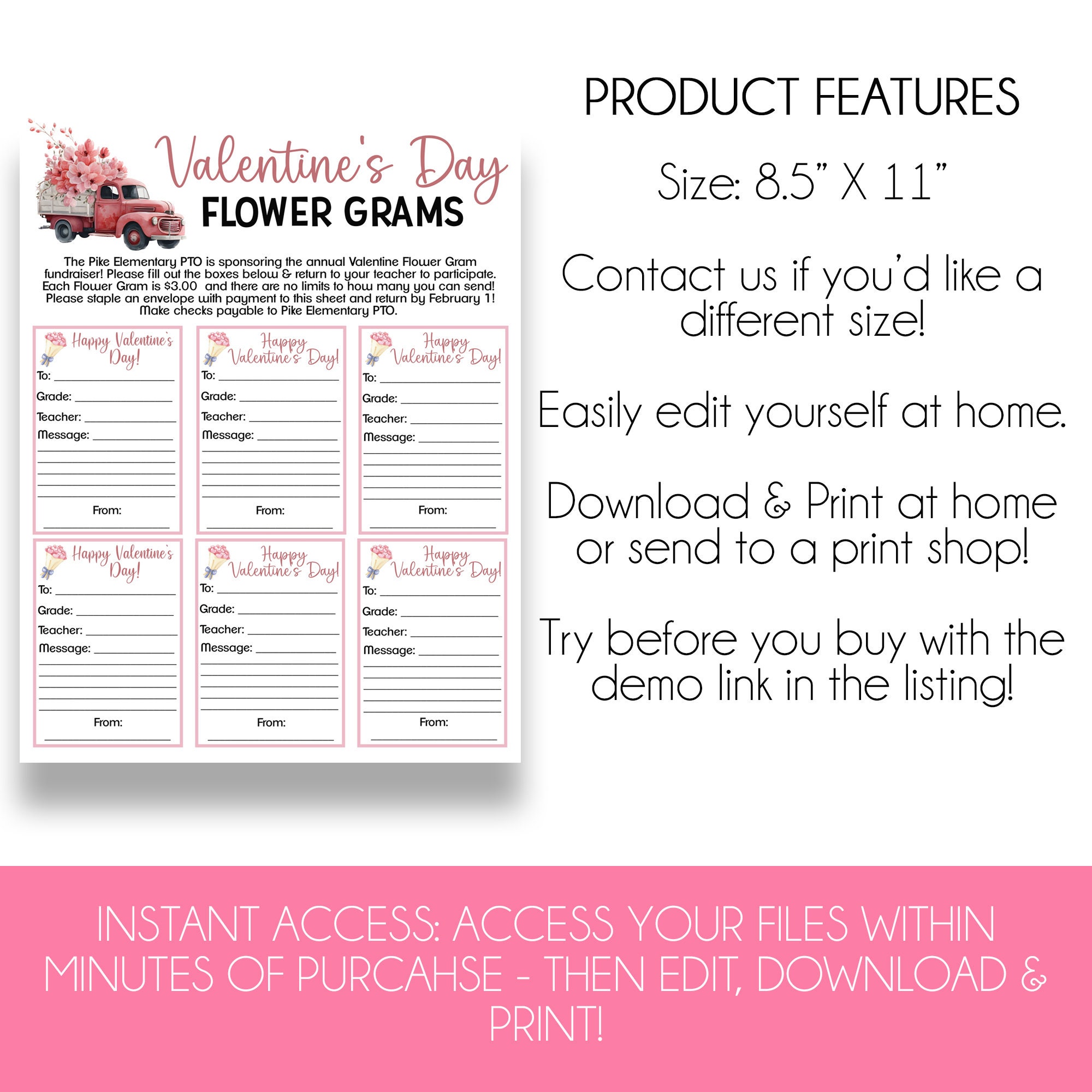 EDITABLE Valentine's Day Flower Gram Flyer Valentine - Etsy