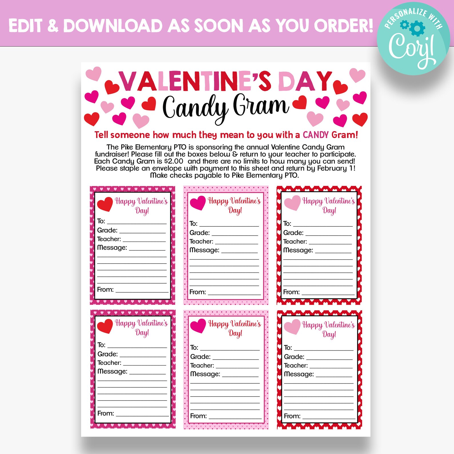EDITABLE Valentine's Day Candy Gram Flyer | Valentine School Fundraiser ...
