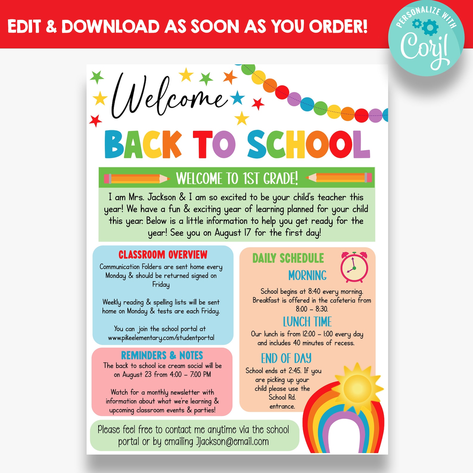 EDITABLE Welcome Back to School Rainbow Newsletter | Back to School ...