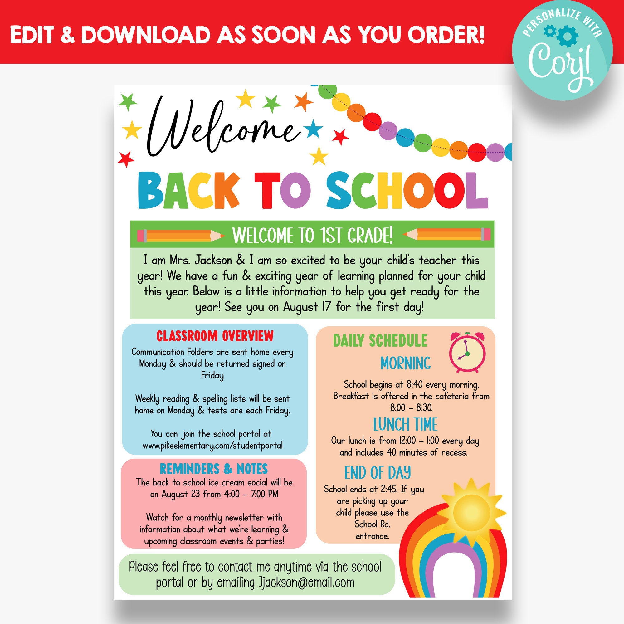EDITABLE Welcome Back to School Rainbow Newsletter | Back to School ...