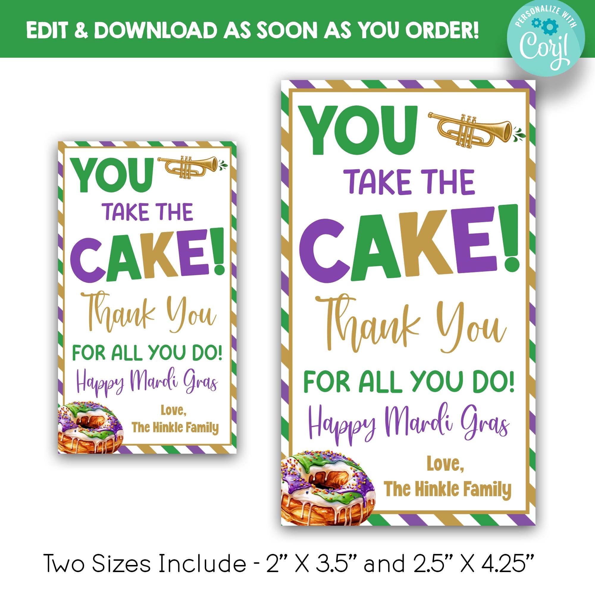 EDITABLE You Take the Cake Mardi Gras Appreciation Tags | King Cake ...