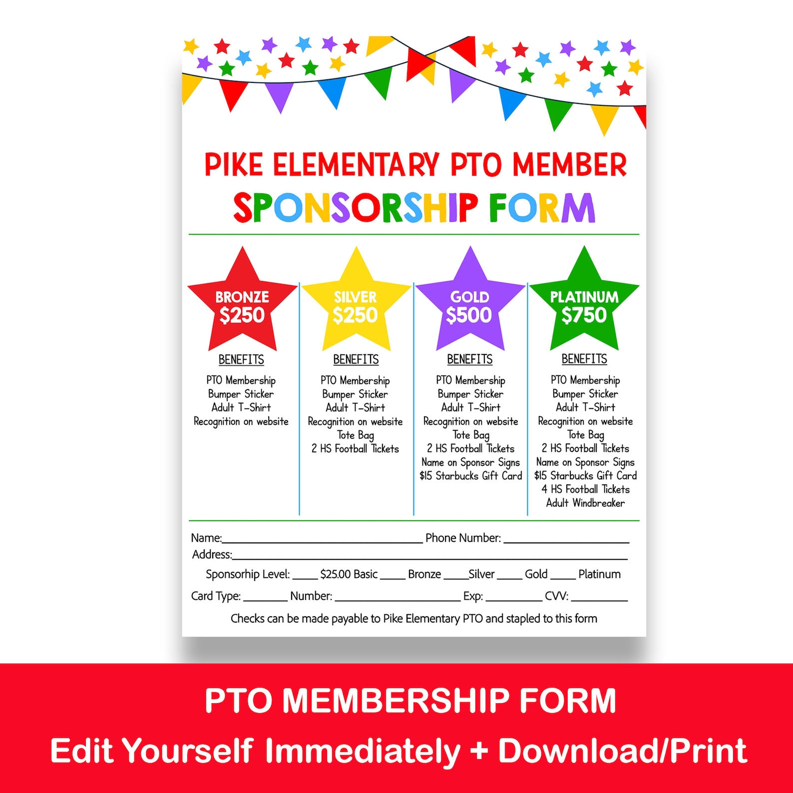 Editable PTO Sponsorship Form | PTA Membership Flyer | Printable School PTO Donation Flyer - Etsy