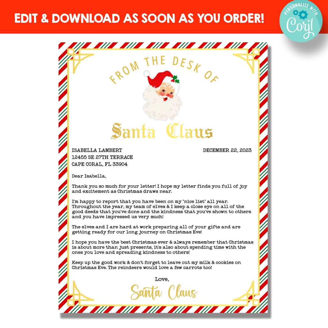 EDITABLE Letter From Santa Claus Template Printable Santa Christmas ...