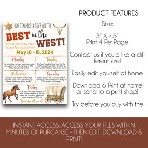 EDITABLE Western Themed Teacher Appreciation Week Itinerary | Best in ...