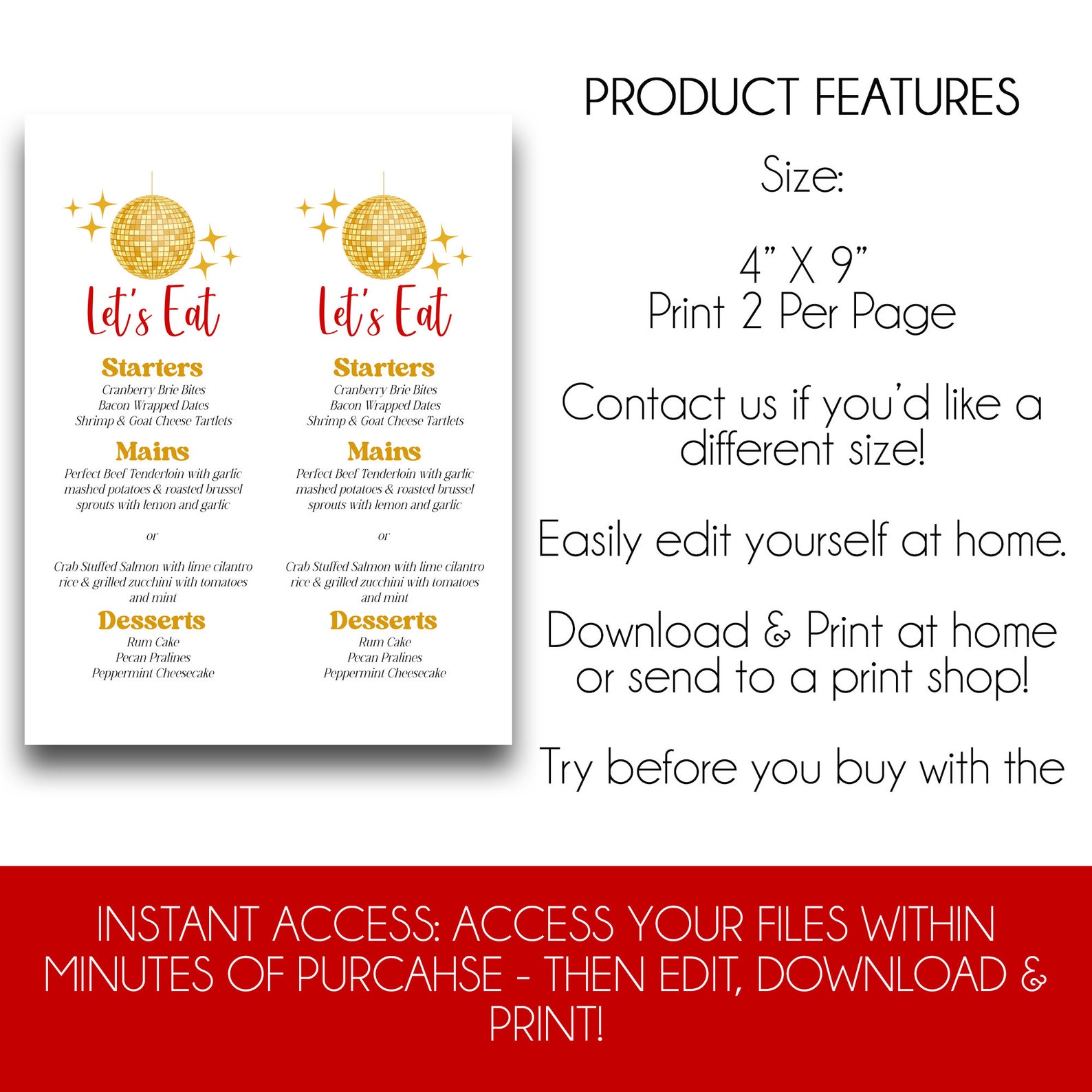 EDITABLE Gold Disco Ball Menu | Retro Disco Party Menu | Disco Party ...