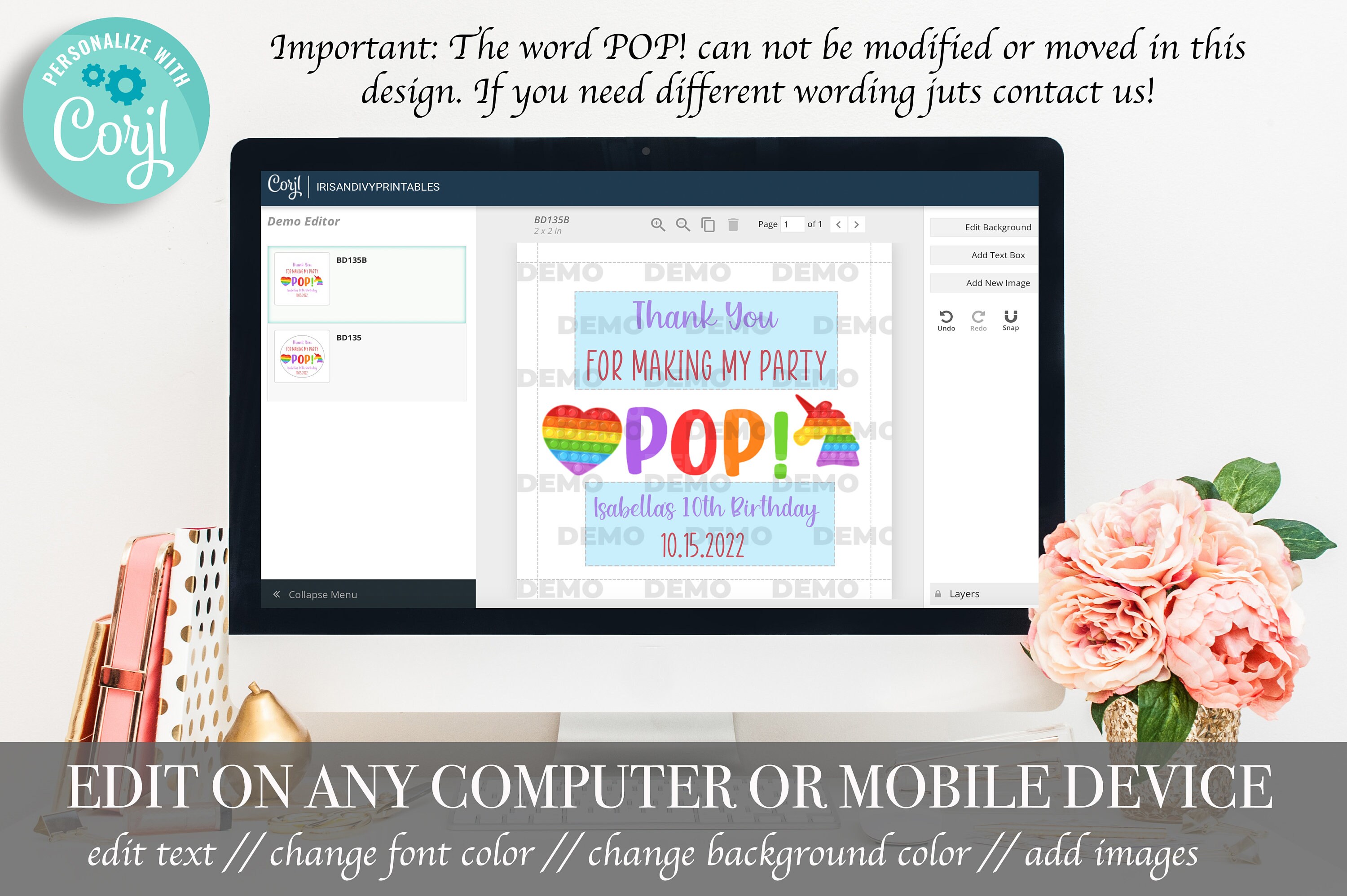 INSTANT DOWNLOAD Editable Pop It Birthday Favor Stickers - Etsy