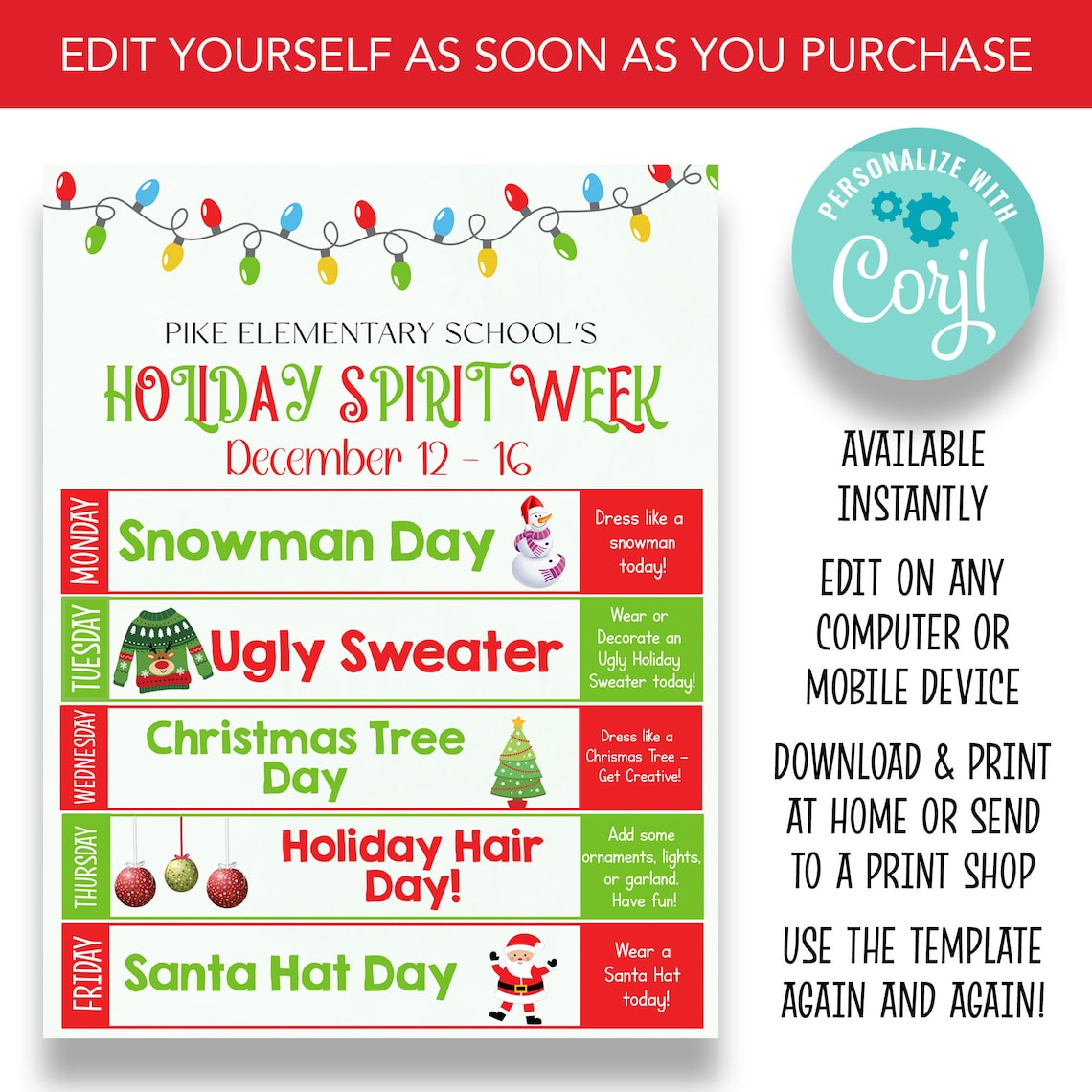 EDITABLE Holiday Spirit Week Flyer Printable Winter Spirit - Etsy