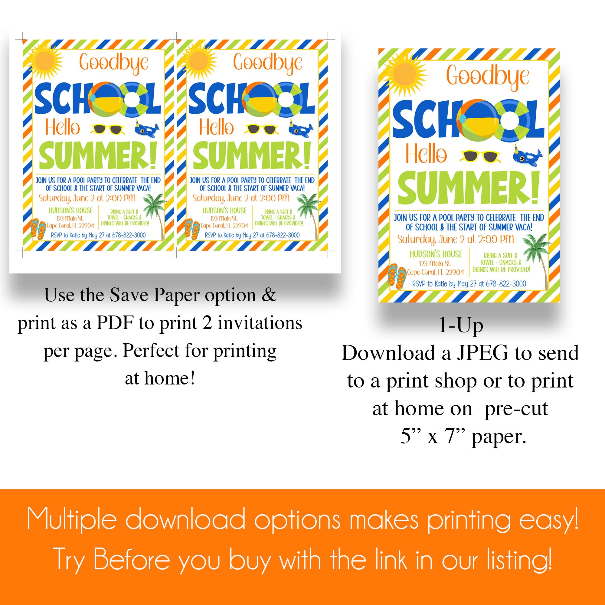 EDITABLE Goodbye School Hello Summer End of School Party Invitations ...