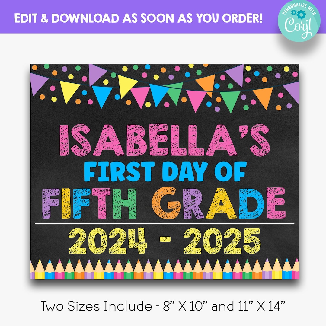 Editable Pastel First Day of Fifth Grade Day of School Sign | Printable ...