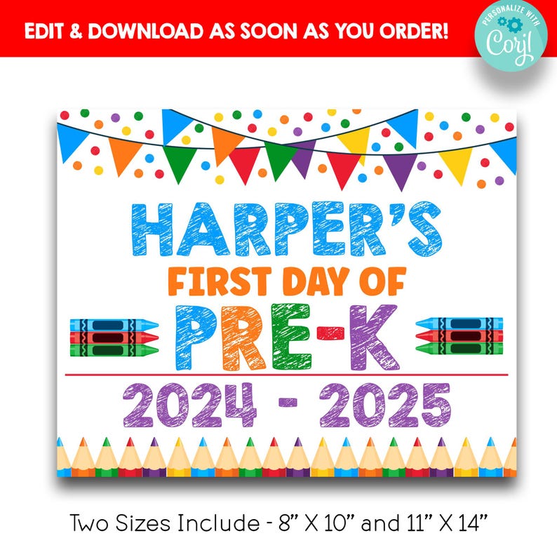 Editable Bright First Day of Pre-k First Day of School Sign | Printable ...