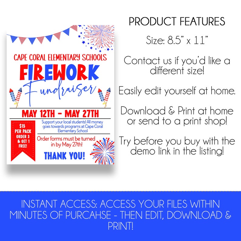 EDITABLE Firework Fundraiser Flyer | Firework Sale Flyer | School or ...