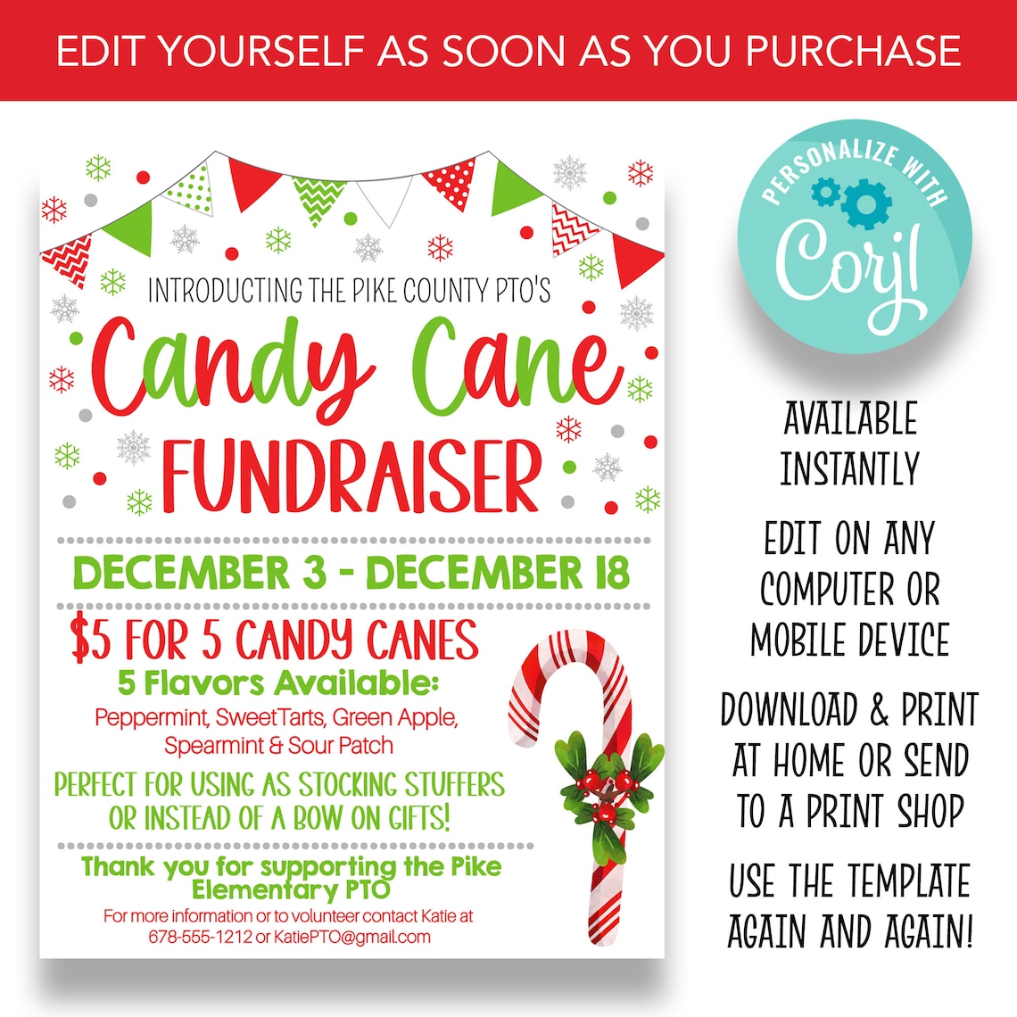 EDITABLE Candy Cane Fundraiser Flyer Holiday PTO Fundraising - Etsy