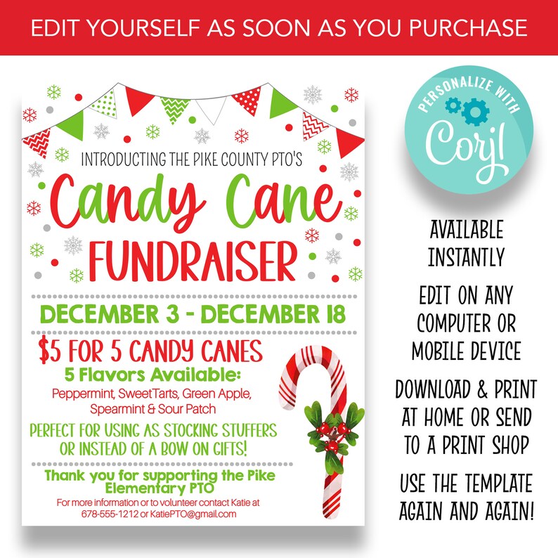 EDITABLE Candy Cane Fundraiser Flyer Holiday PTO Fundraising - Etsy