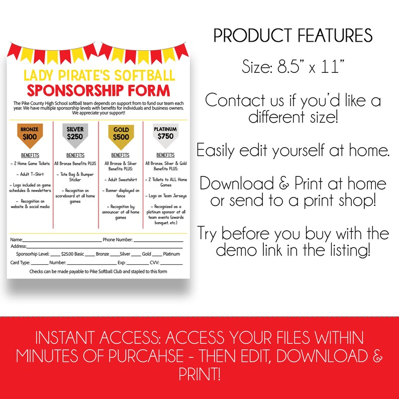 EDITABLE Softball Sponsorship Form | Softball Membership Form | School ...