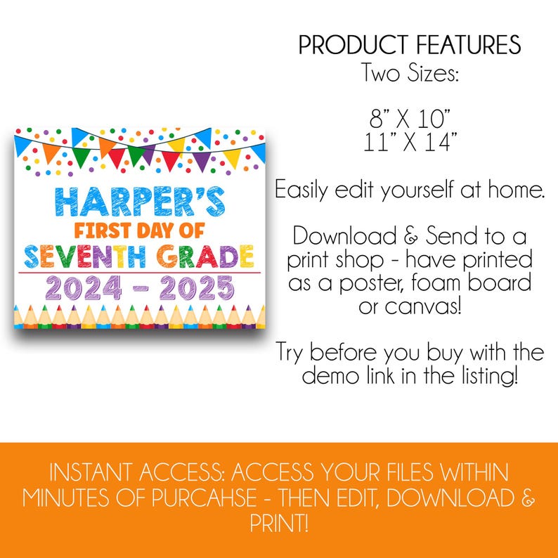 Editable Bright First Day of Seventh Grade First Day of School Sign ...