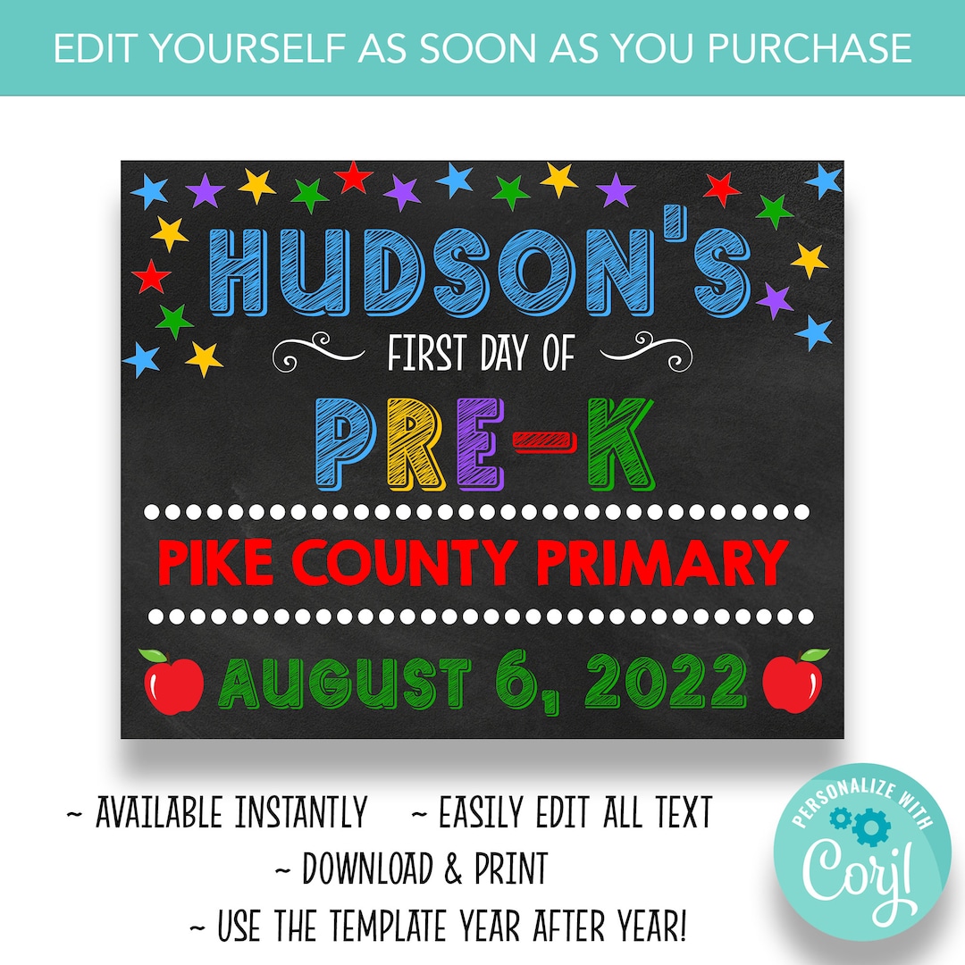Editable Personalized First Day of Pre-k Grade Sign | Bright Chalkboard ...